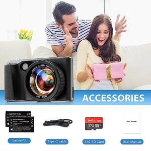 4K Digital Camera,Auto Focus 48MP Vlogging Camera for YouTube and Anti-Shake Video Camera with 3'' TPS Screen, Flash,18X Zoom Travel Portable Digital Camera with 32GB Card,2 Batteries (Black)