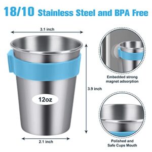 Wownnic Magnetic Cups for Fridge- Magnetic Hanging Cups for Kids- Stainless Steel Cups with Magnetic Cup Holder- 12 Oz Kids Cups Hanging on Fridge or Water Coolers