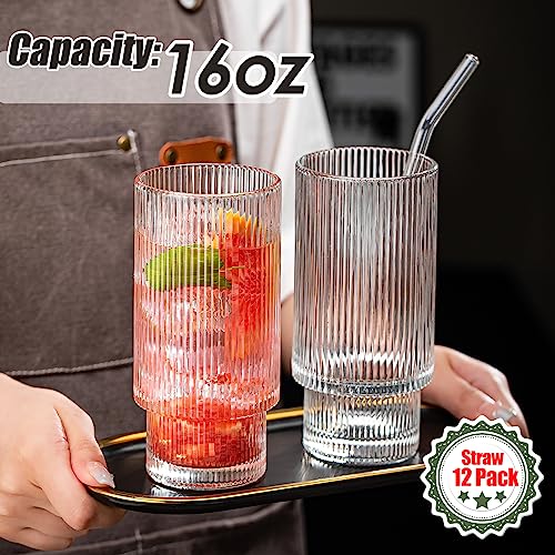 wookgreat Drinking Glasses, 16oz Origami Style Glass Cups with straw, 12 pcs Highball Glasses, Elegant Ripple Vintage Glassware, Ribbed Glasses, Iced Coffee Glasses Ideal for Cocktail Whiskey, Juice