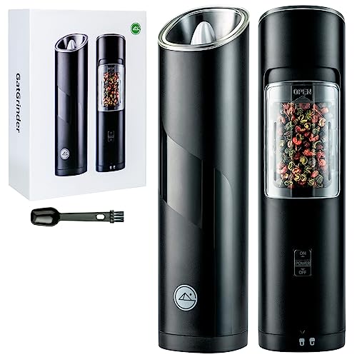 GATGOODS Gravity Electric Salt and Pepper Grinder Set, Adjustable Coarseness, Warm LED Light, One-handed Automatic Operation, Battery Powered, Black, Electric Pepper Mills