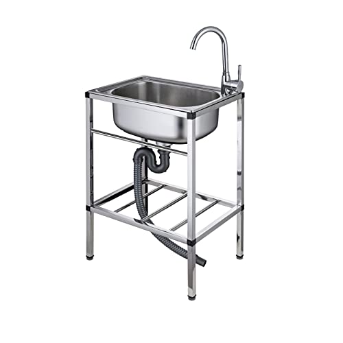 Stainless Steel Sink, Freestanding Kitchen Sink, Utility Sink with Hot and Cold Water Tap, Storage Rack, Suitable for Indoor, Garage, Laundry Room, Kitchen, Bathroom, etc. ( Size : 59*44*80cm/23*17*31