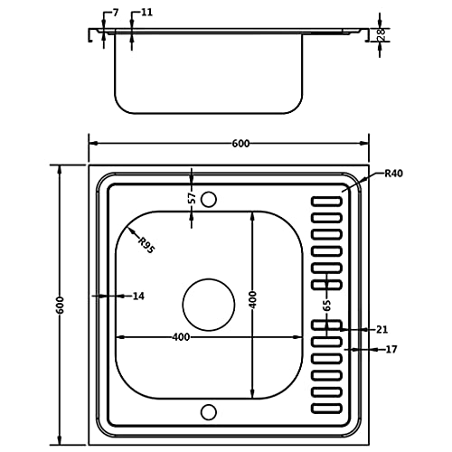 Silver Sink, 600x600x155mm Silver Kitchen Sink Stainless Steel 150mm Depth Silver for Kitchen for Family