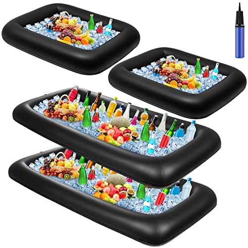 Leitee 4 Pcs Inflatable Ice Serving Bars Buffet Serving Tray Drink Cooler for Pool Party Inflatable Ice Tray Floating Food Drink Containers with Drain Plug and a Hand Pump, 2 Sizes