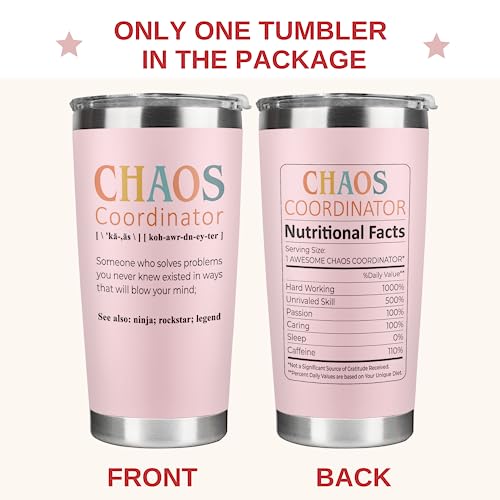 Chaos Coordinator Gifts Cup - Thank You Appreciation Office Gifts for Women, Her, Mom, Coworker, Manager, Teacher, Nurse, Supervisor, Wedding Planner - Boss Lady Gifts for Women - 20 Oz Pink Tumbler