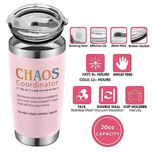 Chaos Coordinator Gifts Cup - Thank You Appreciation Office Gifts for Women, Her, Mom, Coworker, Manager, Teacher, Nurse, Supervisor, Wedding Planner - Boss Lady Gifts for Women - 20 Oz Pink Tumbler