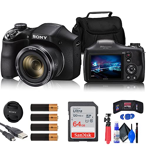 Sony Cyber-Shot DSC-H300 Digital Camera (Black) (DSCH300/B) + 64GB Memory Card + Card Reader + Case + Flex Tripod + Memory Wallet + Cleaning Kit (Renewed)