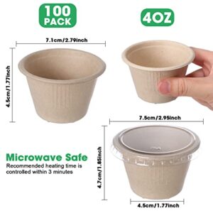 Norme 100 Pack 4oz Disposable Condiment Portion Cups with Lids Bagasse Fiber Souffle Cups Snack Small Sauce Containers with Lids for Samples Food Storage Salad Ketchup Cheese Butter