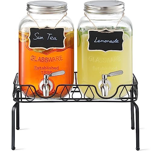 1-Gallon Glass Drink Dispenser with Stand and Lid, 18/8 Stainless Steel Spigot, [2 Pack] Glass Beverage Dispensers for Parties - Mason Jar Drink Dispensers with Lids, Wooden Chalkboards