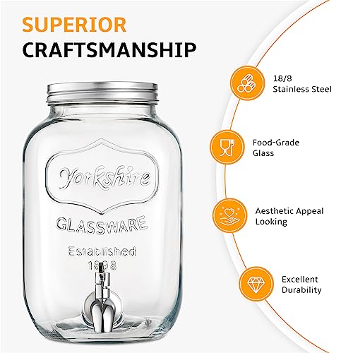 1-Gallon Glass Drink Dispenser with Stand and Lid, 18/8 Stainless Steel Spigot, [2 Pack] Glass Beverage Dispensers for Parties - Mason Jar Drink Dispensers with Lids, Wooden Chalkboards