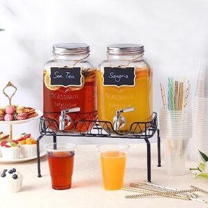 1-Gallon Glass Drink Dispenser with Stand and Lid, 18/8 Stainless Steel Spigot, [2 Pack] Glass Beverage Dispensers for Parties - Mason Jar Drink Dispensers with Lids, Wooden Chalkboards