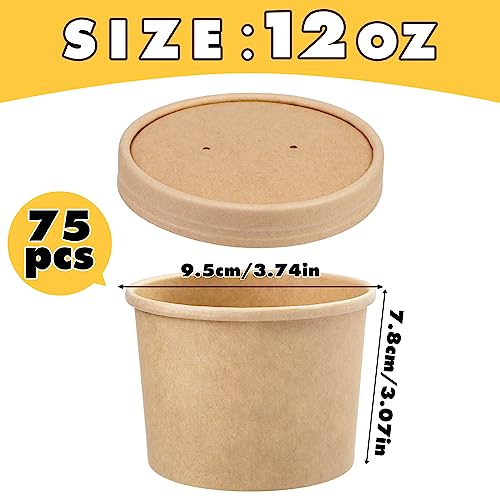 [75Pcs] 12 OZ Paper Soup Cups,Paper Food Containers with Vented Lid, Disposable Paper Soup Containers Paper Food Cups Ice Cream Cups with Lids,Great for Hot Soup,Ice Cream,Dessert