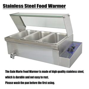 HQHAOTWU 3-Pan Electric Food Warmer Commercial Bain Marie Buffet Heightening Stainless Steel Soup Warmer Food Container with Glass Guard for Catering Restaurant Canteen 12.8"×7"×6" Pan