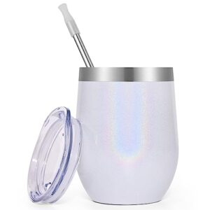 lifecapido stainless steel wine tumbler 12oz, double wall vacuum insulated wine tumbler, stainless steel stemless wine tumblers with lid and straw for wine coffee tea cocktails juice,white rainbow