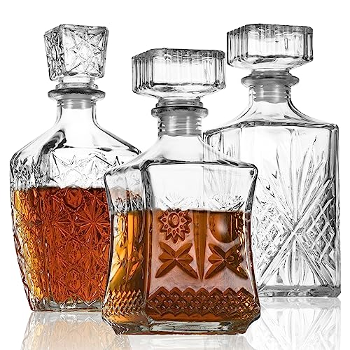 LAWADACH Liquor Decanters Whiskey Decanter Set of 3 Glass Alcohol Bottle for Tequila, Brandy and Vodka Unique Liquor Bar and Party Decorations (28oz*2, 31oz*1)