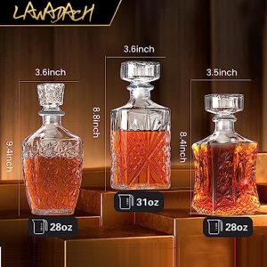 LAWADACH Liquor Decanters Whiskey Decanter Set of 3 Glass Alcohol Bottle for Tequila, Brandy and Vodka Unique Liquor Bar and Party Decorations (28oz*2, 31oz*1)