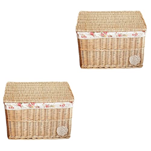 Alipis 2pcs box Rattan Cube for Liner Woven with Printed Desktop Bathroom Container Bedroom Cosmetic and Wicker Lid Bin Rectangular Flower Clo Clothes Organizer Rectangle Storage