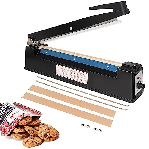 Impulse Heat Sealer 12 Inch Seal Bag Machine,5MM Sealing Width 110V Portable Handheld Shrink Wrap Heavy Duty Sealers for Mylar/Plastic/Poly/Cookie Bags-2 Fuse & Strip Replacement Kits