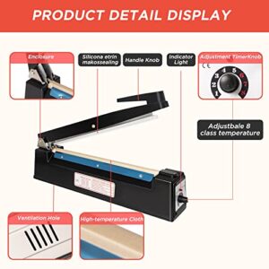 Impulse Heat Sealer 12 Inch Seal Bag Machine,5MM Sealing Width 110V Portable Handheld Shrink Wrap Heavy Duty Sealers for Mylar/Plastic/Poly/Cookie Bags-2 Fuse & Strip Replacement Kits