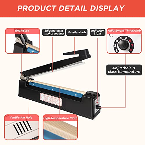 Impulse Heat Sealer 12 Inch Seal Bag Machine,5MM Sealing Width 110V Portable Handheld Shrink Wrap Heavy Duty Sealers for Mylar/Plastic/Poly/Cookie Bags-2 Fuse & Strip Replacement Kits