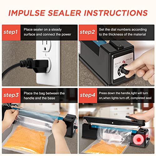 Impulse Heat Sealer 12 Inch Seal Bag Machine,5MM Sealing Width 110V Portable Handheld Shrink Wrap Heavy Duty Sealers for Mylar/Plastic/Poly/Cookie Bags-2 Fuse & Strip Replacement Kits