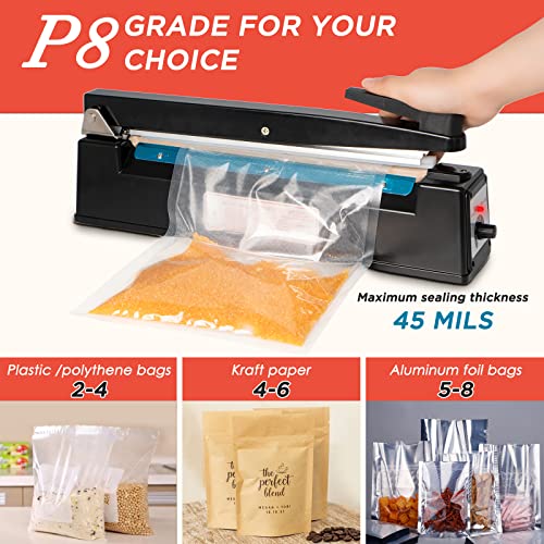 Impulse Heat Sealer 12 Inch Seal Bag Machine,5MM Sealing Width 110V Portable Handheld Shrink Wrap Heavy Duty Sealers for Mylar/Plastic/Poly/Cookie Bags-2 Fuse & Strip Replacement Kits