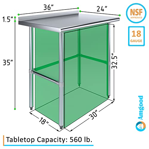 AmGood 24" X 36" Stainless Steel Work Table Open Base with 1.5" Backsplash | Metal Kitchen Food Prep Table | NSF