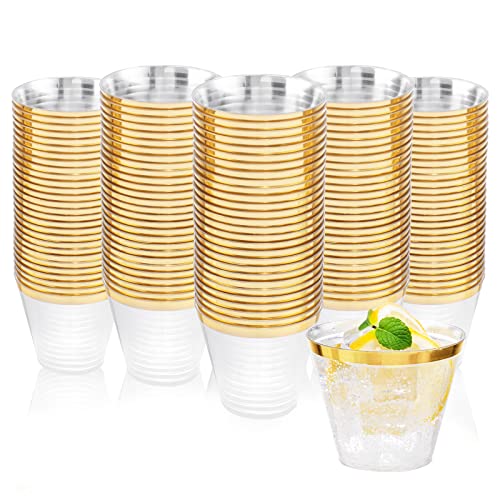 Nervure 120PCS Gold Plastic Cups - 9Oz Gold Rimmed Plastic Cups - Heavy Duty Disposable Clear Plastic Cups with Gold Rim Perfect for Weddings, Receptions & Parties