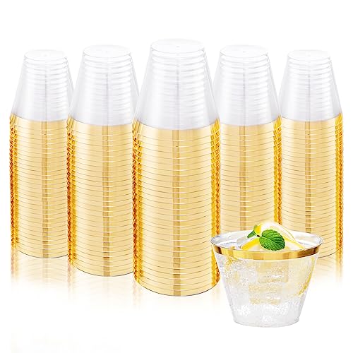 Nervure 120PCS Gold Plastic Cups - 9Oz Gold Rimmed Plastic Cups - Heavy Duty Disposable Clear Plastic Cups with Gold Rim Perfect for Weddings, Receptions & Parties