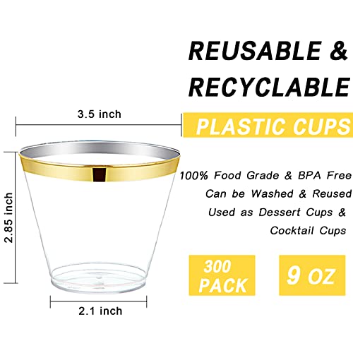 Nervure 120PCS Gold Plastic Cups - 9Oz Gold Rimmed Plastic Cups - Heavy Duty Disposable Clear Plastic Cups with Gold Rim Perfect for Weddings, Receptions & Parties