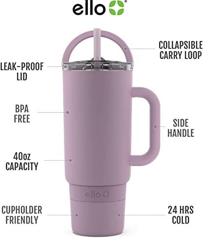 Ello Port 40oz Tumbler with Carry Loop & Integrated Handle, Vacuum Insulated Stainless Steel Reusable Water Bottle, Travel Mug with Leak Proof Lid and Straw, Perfect for Iced Coffee and Tea, Mauve