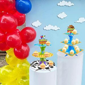 3-Tier Cartoon Story Cupcake Stand 2 Sets Cardboard Cake Stand Dessert Tower Holder for Toy Theme Birthday Decoration Baby Shower Party Supplies