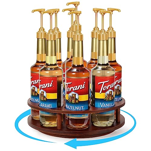 THYGIFTREE Rotating Coffee Syrup Organizer 9 Bottles Coffee Syrup Rack for Countertop Wood Syrup Bottle Holder Stand for Coffee Bar Station, Turntable Wine Display Tray