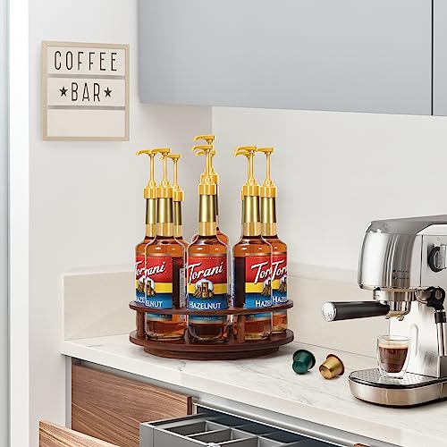 THYGIFTREE Rotating Coffee Syrup Organizer 9 Bottles Coffee Syrup Rack for Countertop Wood Syrup Bottle Holder Stand for Coffee Bar Station, Turntable Wine Display Tray