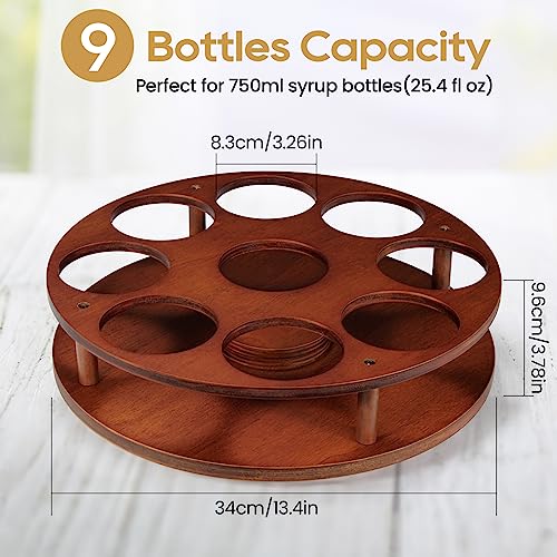 THYGIFTREE Rotating Coffee Syrup Organizer 9 Bottles Coffee Syrup Rack for Countertop Wood Syrup Bottle Holder Stand for Coffee Bar Station, Turntable Wine Display Tray