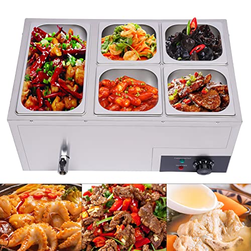 PIAOCAIYIN Food Warmer, 110V 5-Pan Commercial Food Warmer, Buffet Steam Table, Stainless Steel Bain Marie Buffet Food Warmer, steam table food warmer, steam table food warmer for Restaurants, Catering