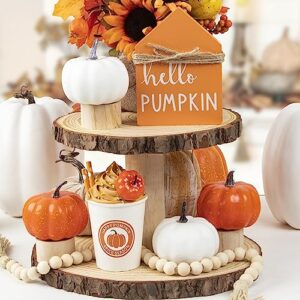 fall decor-fall decorations for home-pumpkin spice latte cups-artificial pumpkins-bead garland and wood sign-farmhouse tiered tray items for autumn thanksgiving harvest decoration