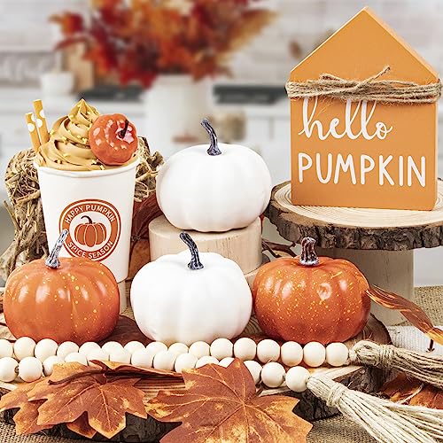 Fall Decor-Fall Decorations for Home-Pumpkin Spice Latte Cups-Artificial Pumpkins-Bead Garland and Wood Sign-Farmhouse Tiered Tray Items for Autumn Thanksgiving Harvest Decoration