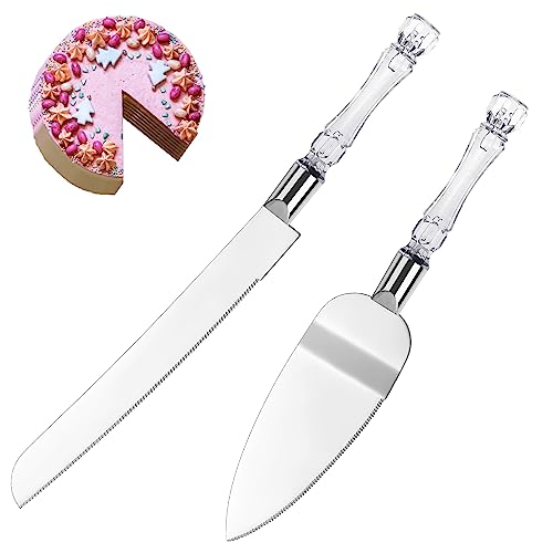 Cake Knife and Server Set - 2 Pcs Cake Cutting Set for Wedding with Stainless Steel Blades, Wedding Cake Knife with Acrylic Faux Crystal Handles, Perfect for Wedding Cake and Birthdays (Silver)