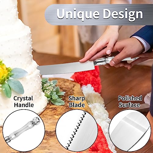 Cake Knife and Server Set - 2 Pcs Cake Cutting Set for Wedding with Stainless Steel Blades, Wedding Cake Knife with Acrylic Faux Crystal Handles, Perfect for Wedding Cake and Birthdays (Silver)