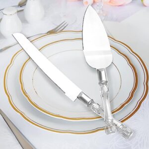 Cake Knife and Server Set - 2 Pcs Cake Cutting Set for Wedding with Stainless Steel Blades, Wedding Cake Knife with Acrylic Faux Crystal Handles, Perfect for Wedding Cake and Birthdays (Silver)