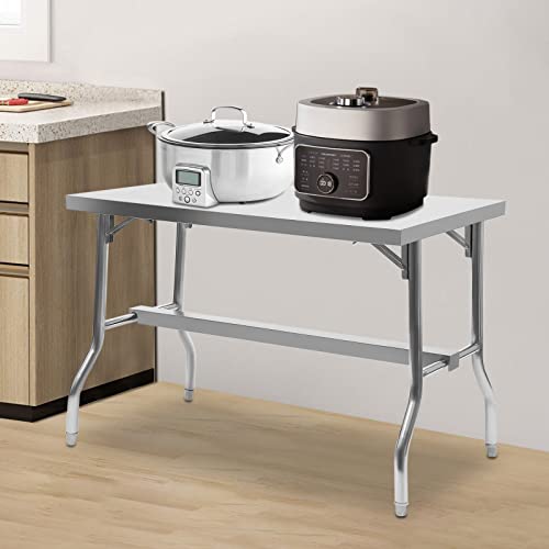 Stainless Steel Table Heavy Duty Work Table 4ft Folding Table Island Table for Kitchen Prep Table Commercial Worktables & Workstations with 1102 lbs Load, Silver