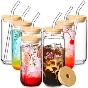 vitever [ 8 pack ] 20 oz glass cups with bamboo lids and glass straw - beer can shaped drinking hurricane glasses, iced coffee glasses, cute tumbler cup, aesthetic coffee bar accessories, gifts