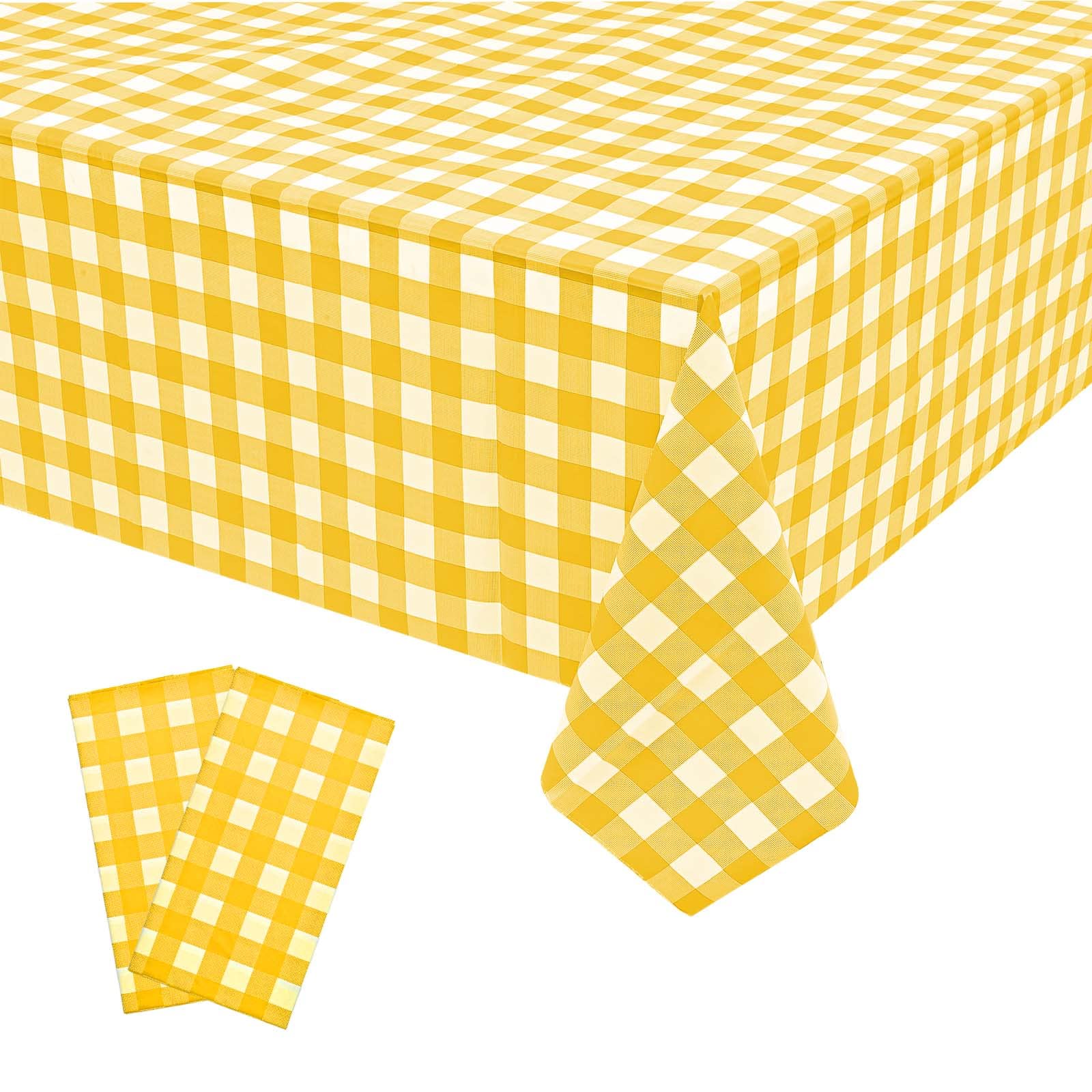 2 Pack Yellow Gingham Tablecloth Decorations, Yellow and White Checkered Background Disposable Plastic Tablecloth, 54 x 108 Inch Tablecloth for Birthday Party, Outdoor Dinner, Holiday Party Deco