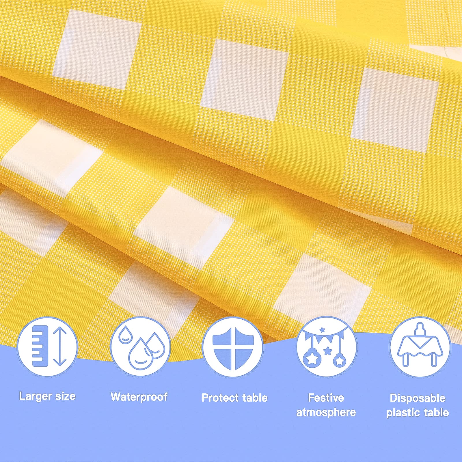 2 Pack Yellow Gingham Tablecloth Decorations, Yellow and White Checkered Background Disposable Plastic Tablecloth, 54 x 108 Inch Tablecloth for Birthday Party, Outdoor Dinner, Holiday Party Deco