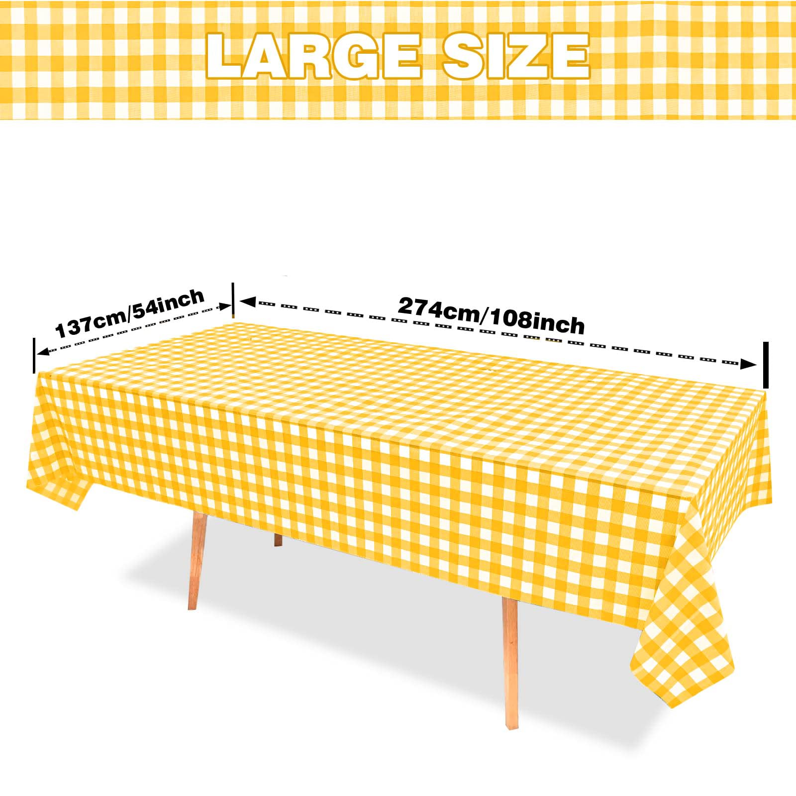 2 Pack Yellow Gingham Tablecloth Decorations, Yellow and White Checkered Background Disposable Plastic Tablecloth, 54 x 108 Inch Tablecloth for Birthday Party, Outdoor Dinner, Holiday Party Deco