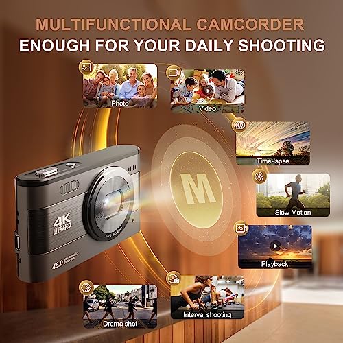 4K Digital Camera for Photography, 48MP Vlogging Camera with SD Card, 2.8'' Flip Screen Compact Camera with Flash, 18X Digital Zoom Travel Camera (2 Batteries)