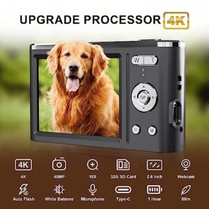 4K Digital Camera for Photography, 48MP Vlogging Camera with SD Card, 2.8'' Flip Screen Compact Camera with Flash, 18X Digital Zoom Travel Camera (2 Batteries)