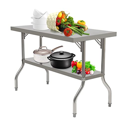 CNCEST Folding Commercial Prep Table, Heavy-Duty Stainless Steel Worktable Workstation with 1102.3lbs, Kitchen Serving Island Work Table for Families, Restaurants, Canteens