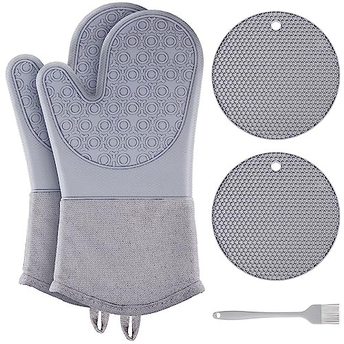 Oven Mitts and Pot Holders Sets, Silicone Oven Mitts Heat Resistant 550℉ Kitchen Oven Mits/Glove Set, Extra Long Kitchen Mittens and Hot Pads Pot Holder with Basting Brush for Baking Cooking Grilling