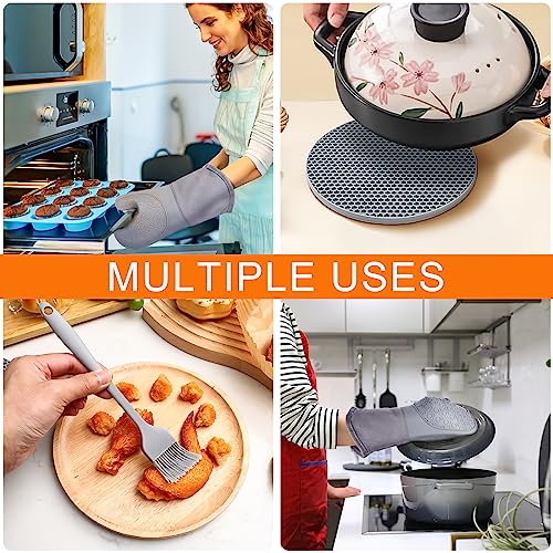 Oven Mitts and Pot Holders Sets, Silicone Oven Mitts Heat Resistant 550℉ Kitchen Oven Mits/Glove Set, Extra Long Kitchen Mittens and Hot Pads Pot Holder with Basting Brush for Baking Cooking Grilling